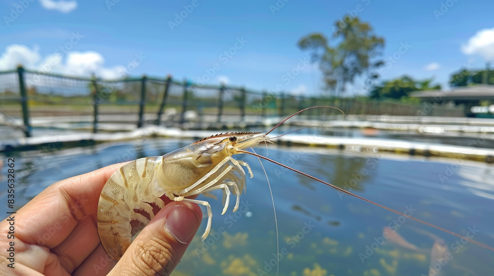 farmer holding white vannamei prawn with his hand, modern shrimp ...