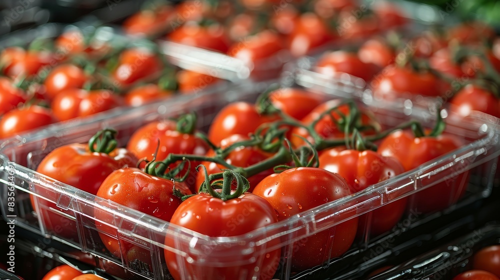 Tomatoes in plastic crates, tightly packed and ready for shipment, with ...