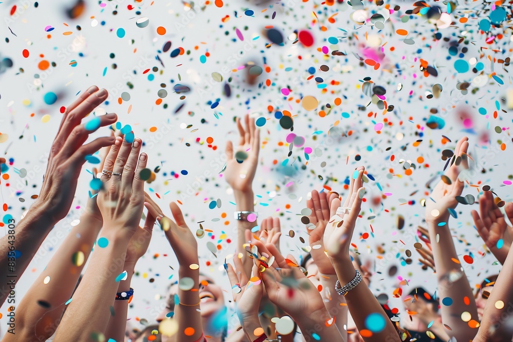 Vibrant celebration scene with hands raised in the air, surrounded by ...