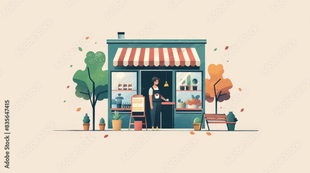 A flat design illustration depicting a small business owner proudly ...