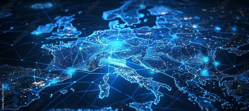 Blue digital map of Europe network map. Information wireless data ...