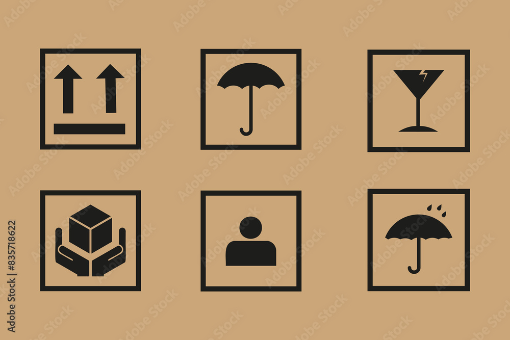 packaging icon set vector. Packaging symbols set on cardboard ...