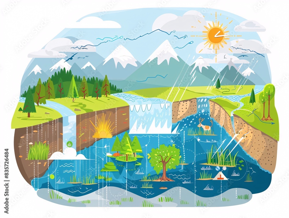 A detailed, scientifically accurate illustration of the hydrologic ...