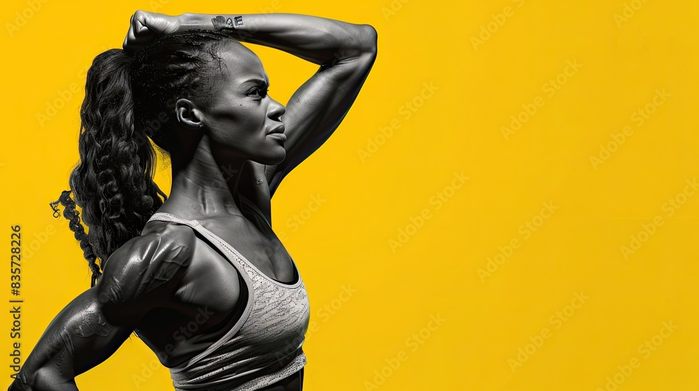 black and white female fitness model with lean muscle making a ...