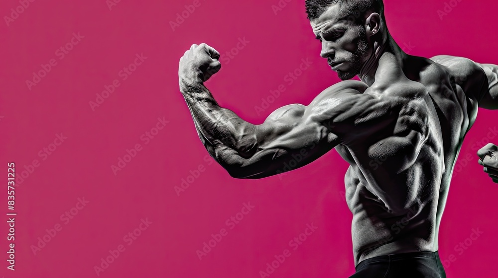 black and white male fitness model with lean muscle making an intense ...