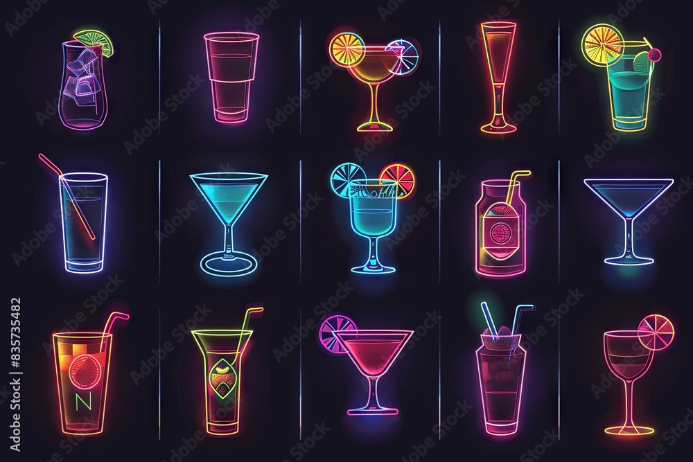 neon cocktail drink icons arranged in a grid pattern. The vibrant neon ...