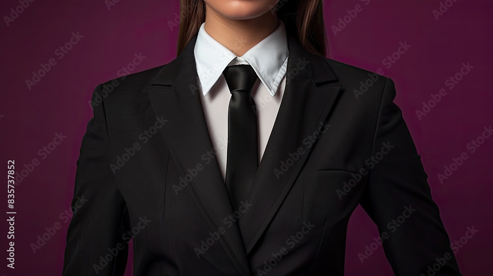 Female fitness model in a formal black suit with a white shirt and ...