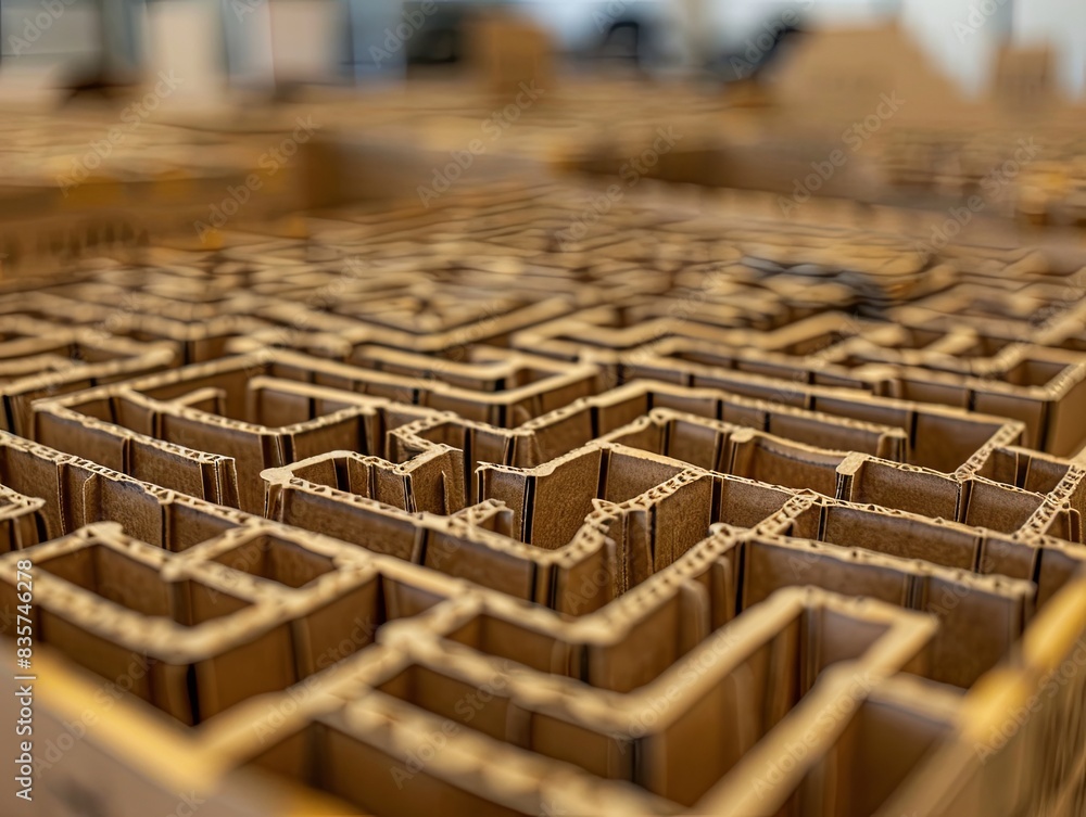 A close-up of a cardboard box with a complex labyrinth design ...