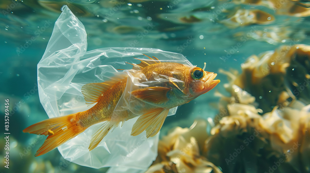 Plastic pollution in oceans harms marine life. This photo shows a fish ...