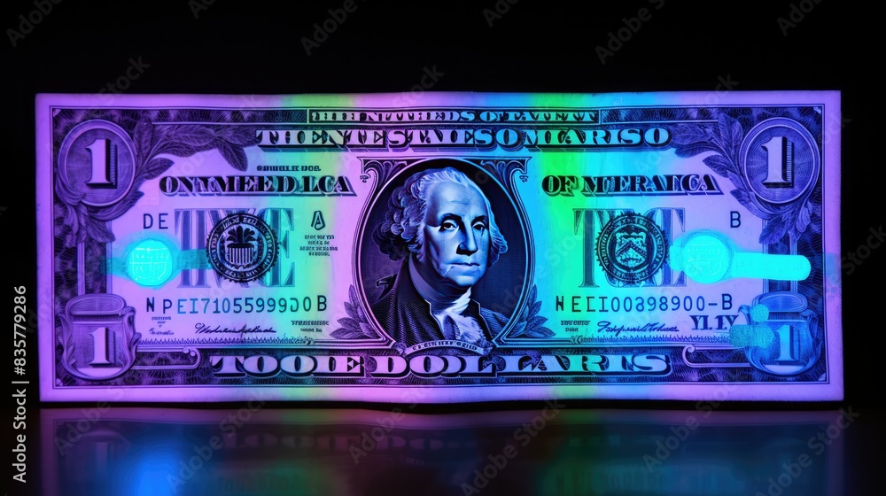 Photograph of a US dollar bill illuminated by UV light, revealing the ...
