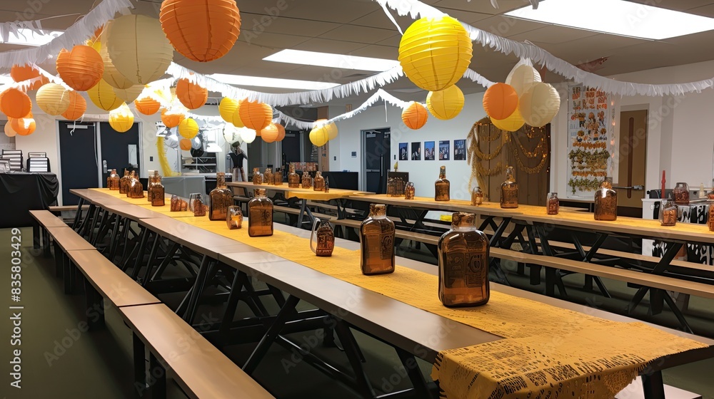 Office break room transformed into an Oktoberfest beer tent with long ...