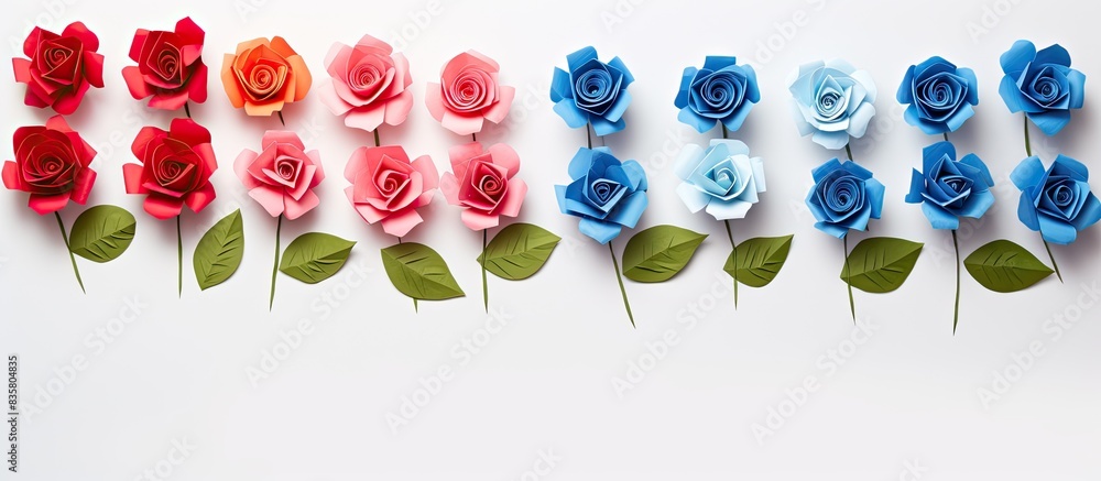Red origami roses with green leaves on white background with copy space ...