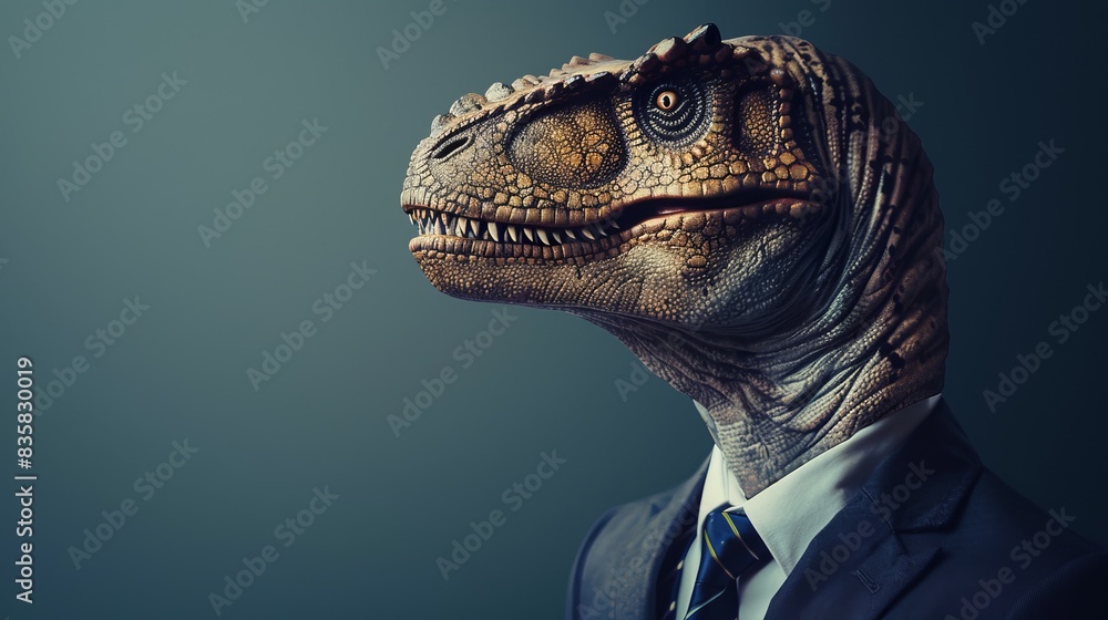 Funny dinosaur T-Rex in a business suit, unexpected office worker. Tyrannosaurus Rex wearing a ...