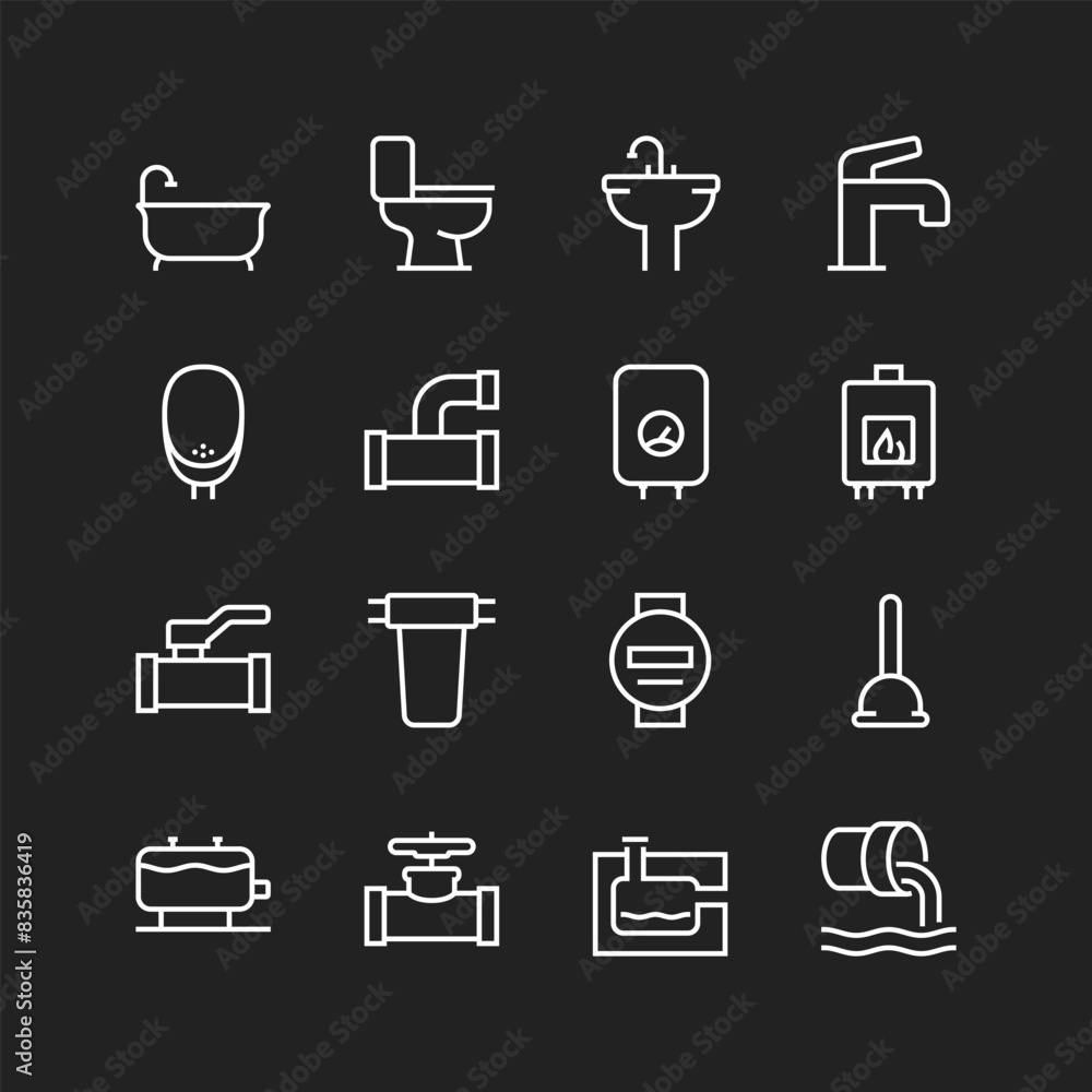 Home water piping icons, white on black background. Sewerage ...