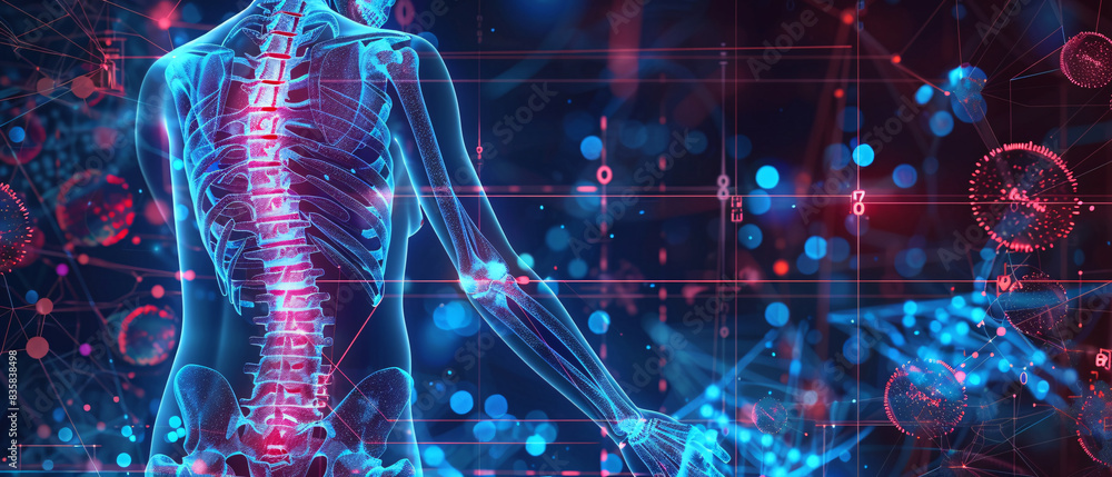 Glowing blue and red digital human spine and shoulder anatomy on dark ...