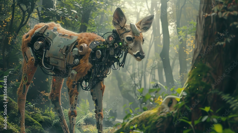 Animals with cybernetic enhancements in a forest, Scifi, Natural and ...