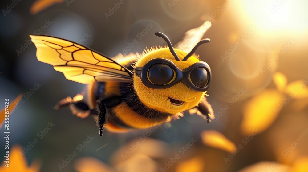 A cute cartoon bee dressed as a superhero, flying with a cape and mask ...