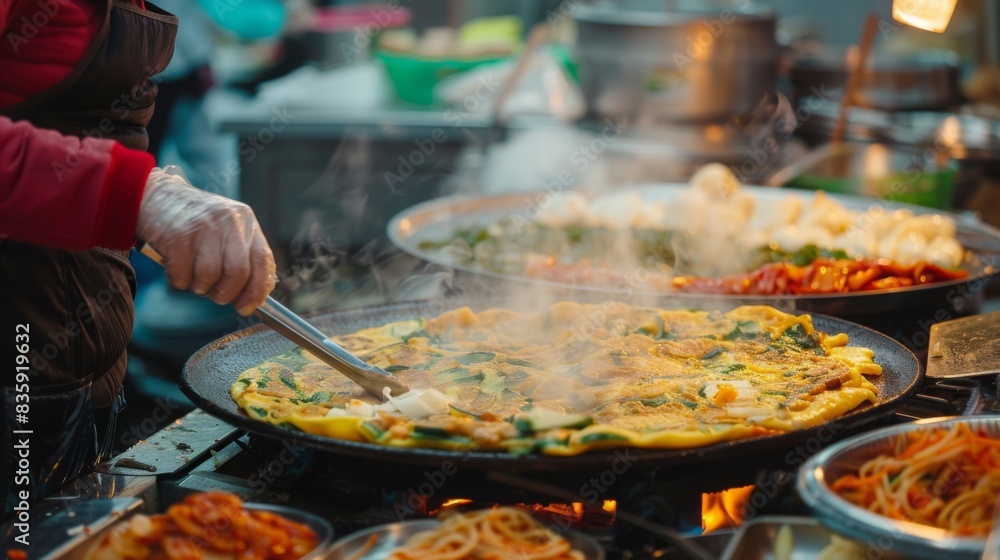 haemul pajeon being cooked at a street food stall, showcasing the ...
