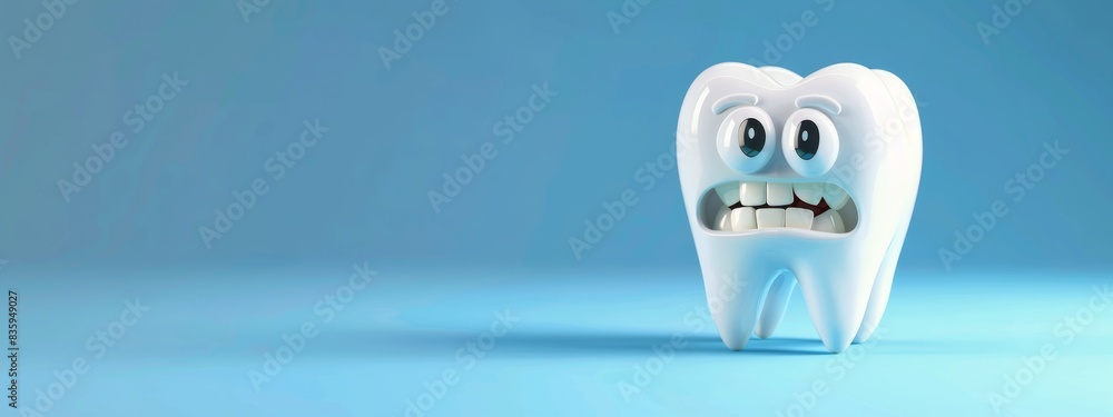 Sad and scared tooth character, with copy space, banner for children's ...
