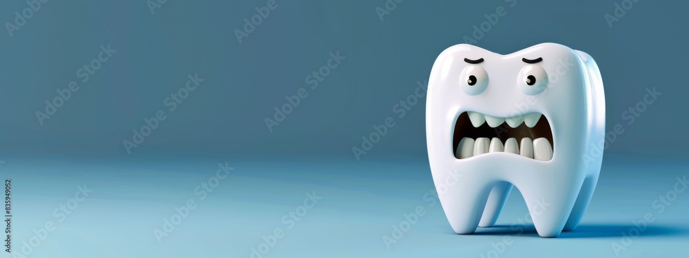 Sad and scared tooth character, with copy space, banner for children's ...