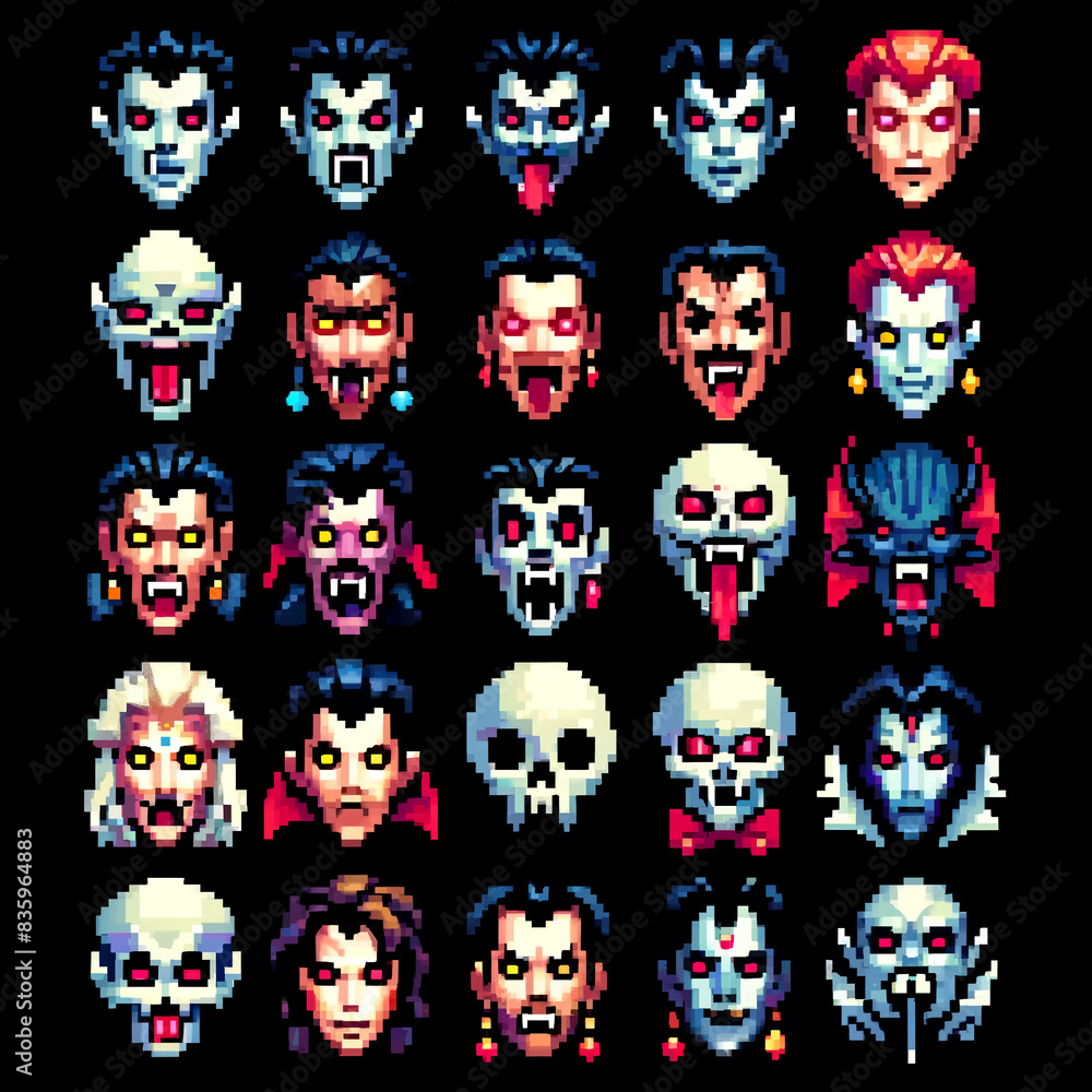 Sprite sheet featuring pixel art vampire faces for RPG Stock ...
