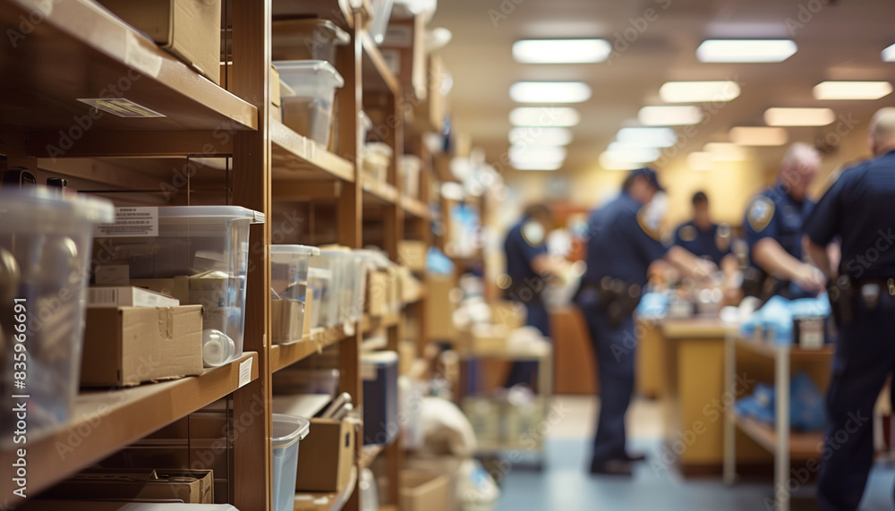 a of a police station's evidence room with shelves and boxes, featuring ...