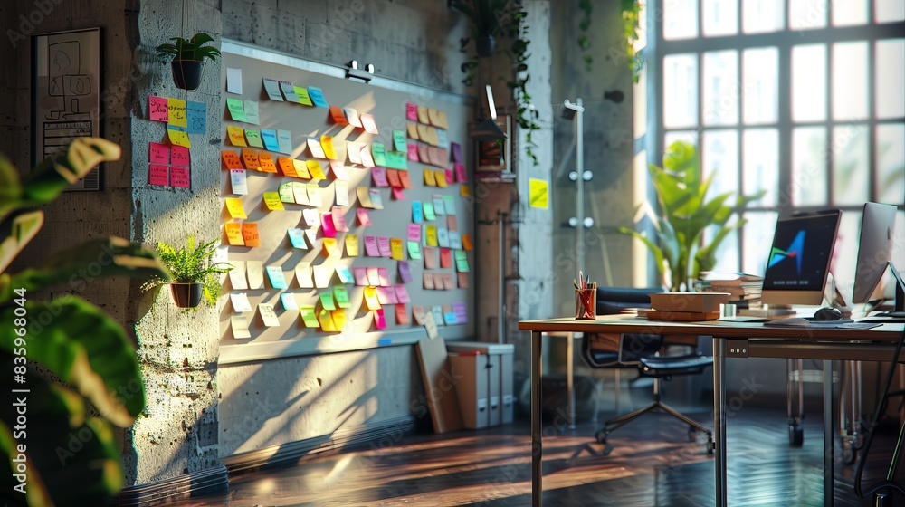 Office scene with a detailed Kanban wall, showcasing the work process ...
