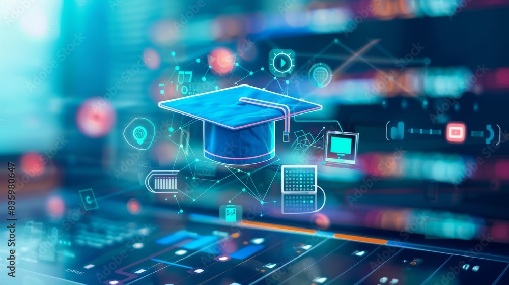 digital education concept with icons of computer, graduation cap and ...