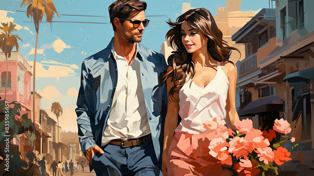 A young couple exploring a vibrant city neighborhood, discovering ...