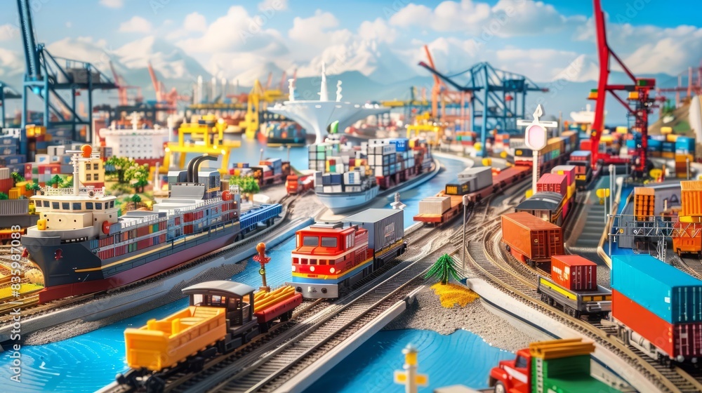 A bustling shipping port with cargo ships being loaded and unloaded ...