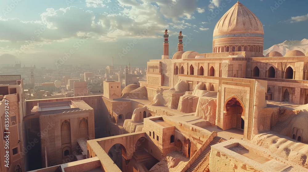 Ancient historical Arab city landscape in desert with traditional ...