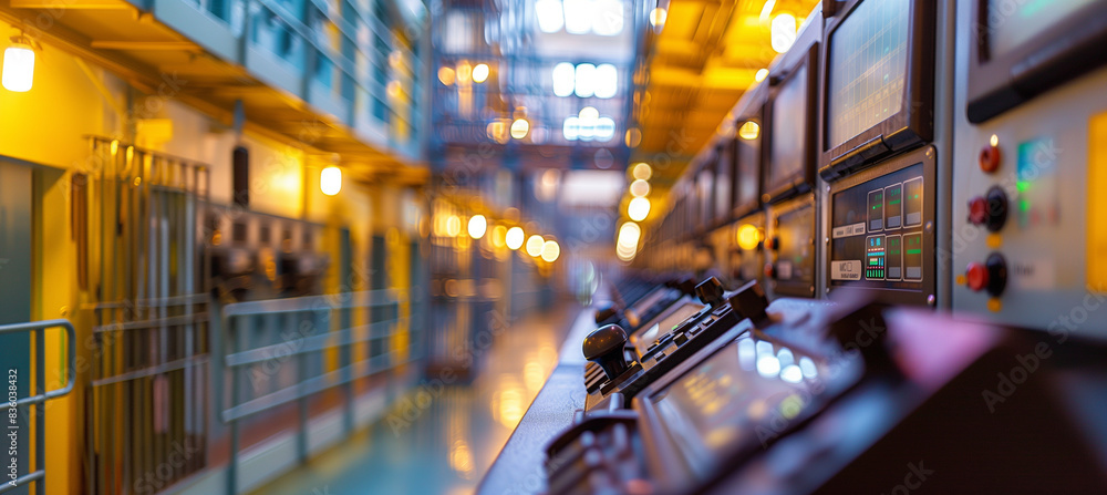 a close-up image of a prison's control room with security monitors and ...