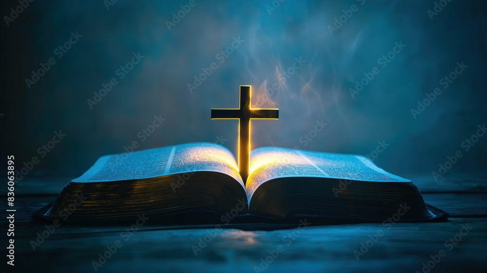 open Holy Bible with blue christian cross with sun rays and smoke, on ...