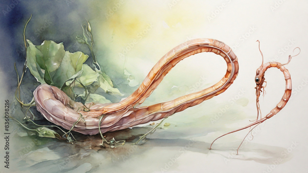 Watercolor painting: A ribbon worm extending its proboscis to catch ...