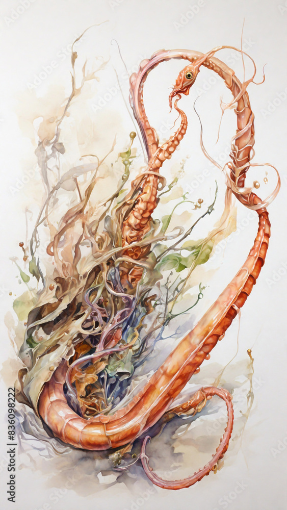 Watercolor painting: A ribbon worm extending its proboscis to catch ...