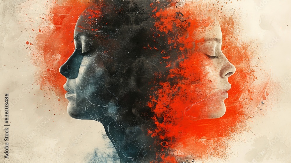 This illustration features a split image of a person's face, with one ...