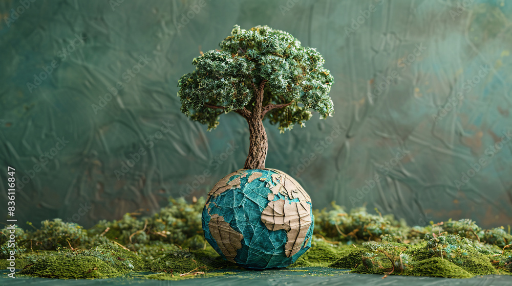 Artistic representation of a tree growing from a paper globe ...