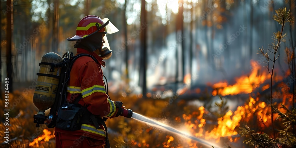 Firefighter in uniform putting out forest fire to prevent arson threat ...
