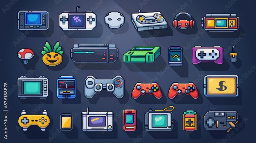 Retro Gaming Icons: Illustrate a collection of retro gaming icons with ...