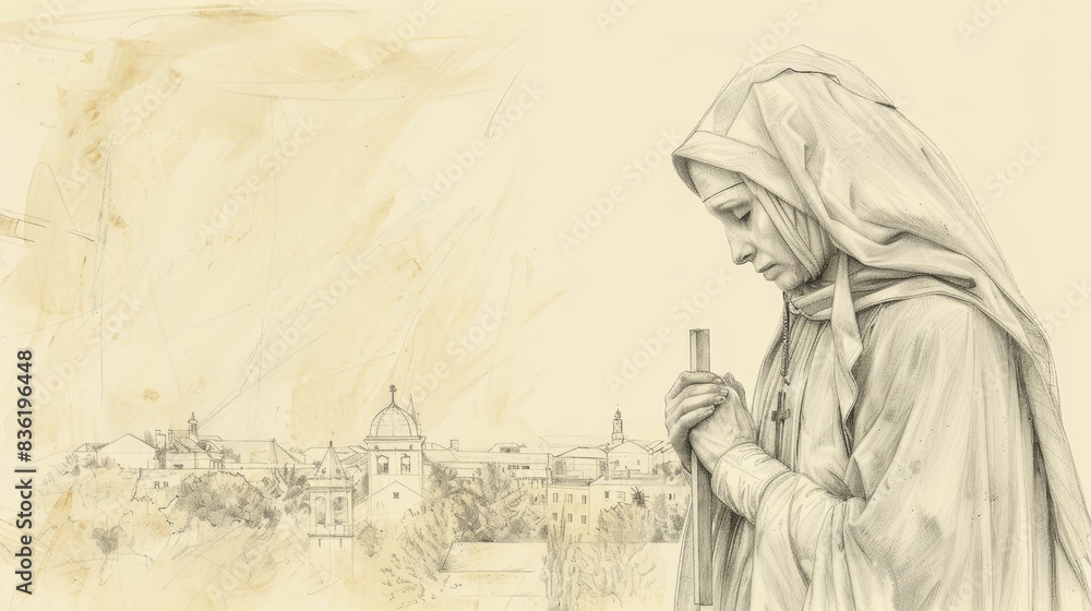 Biblical Illustration of Saint Walburga in deep prayer, holding a cross ...
