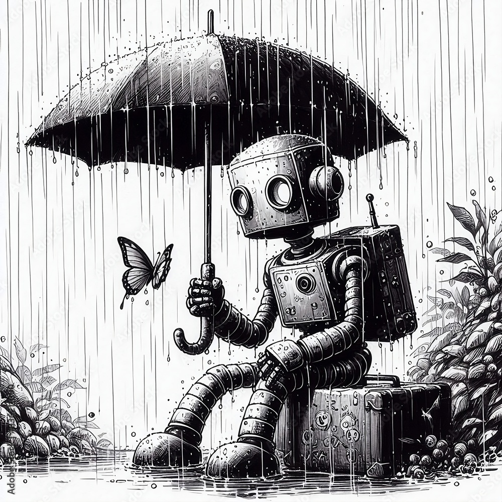 robot holding an umbrella in the rain, ink drawing Stock Illustration ...