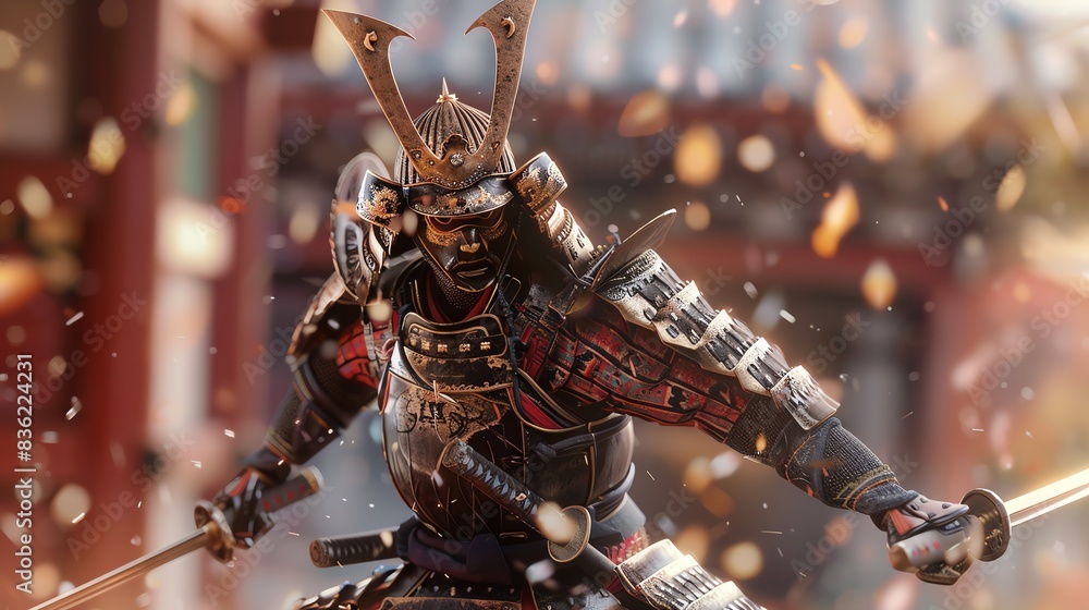 A 3D render of a samurai action figure in full armor with a katana ...