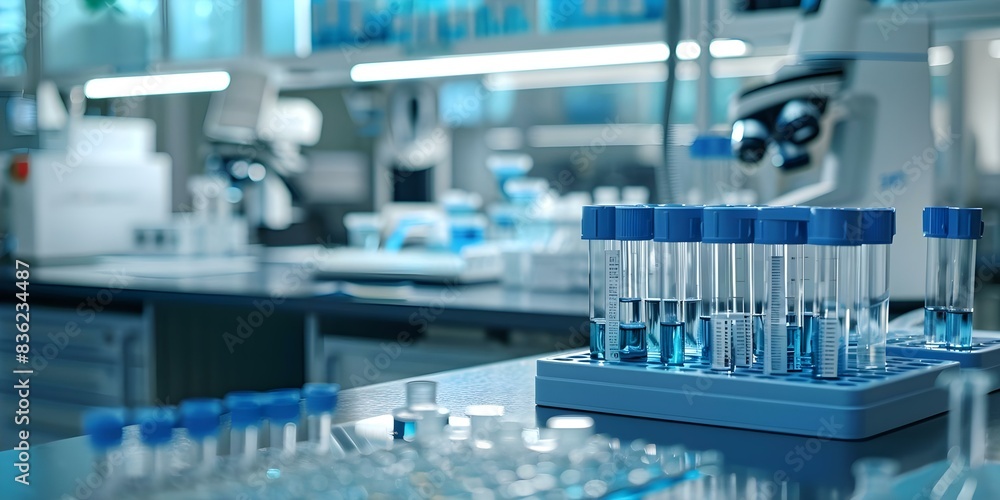 Geneticists desk with DNA samples and sequencing equipment representing ...