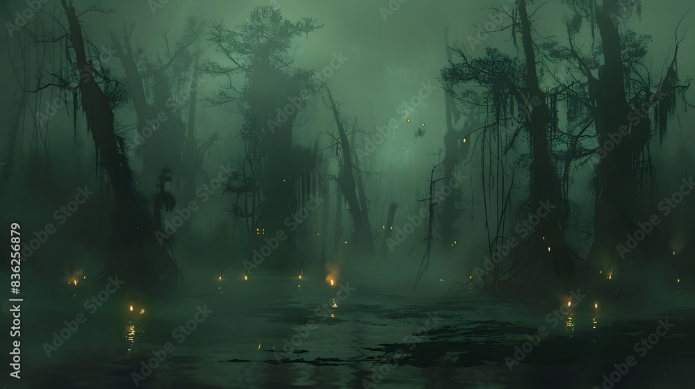 A dark, eerie swamp with twisted trees, thick fog, and glowing will-o ...