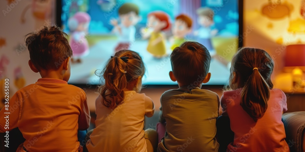 Joyful Kindergarten Kids Watching Cartoons on TV in a Colorful ...