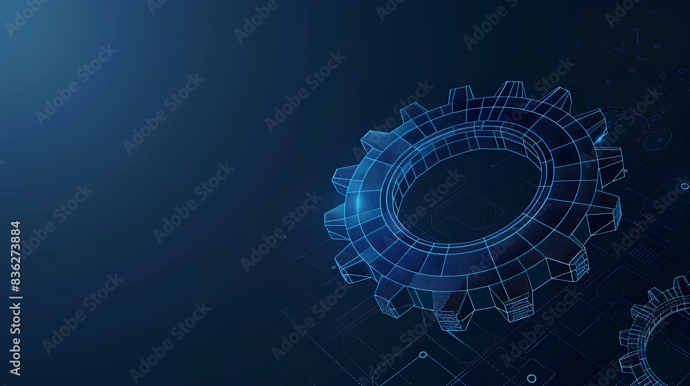 a vector wireframe illustration of a gear on a dark blue background ...