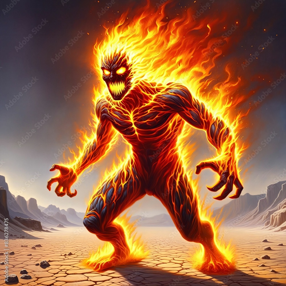 A menacing fire elemental. Fire-magma-lava golem in a hostile, barren ...