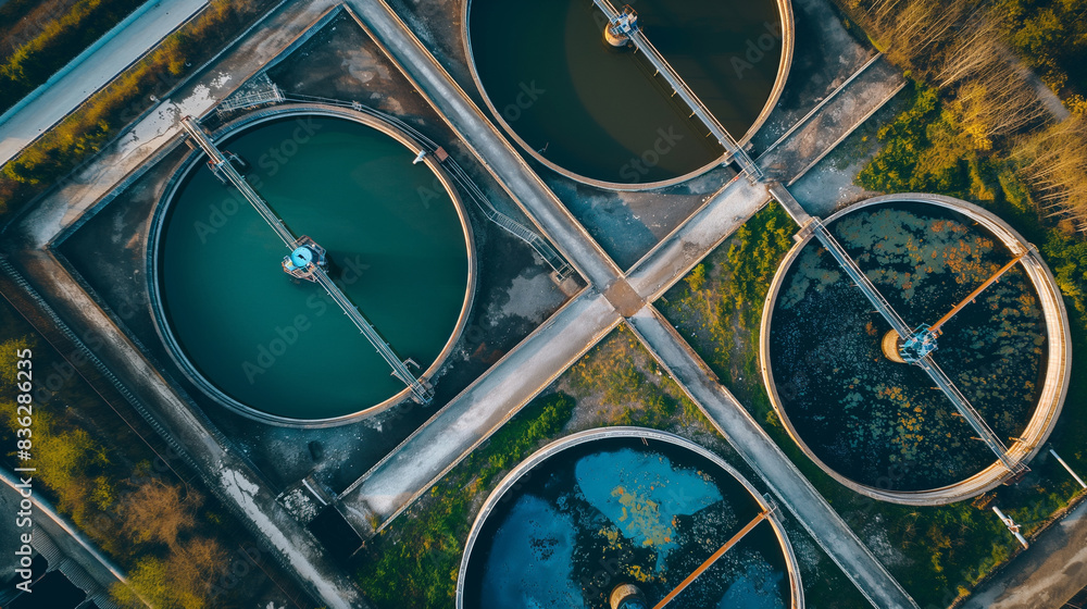 Aerial view of wastewater treatment plant, effluent and wastewater ...