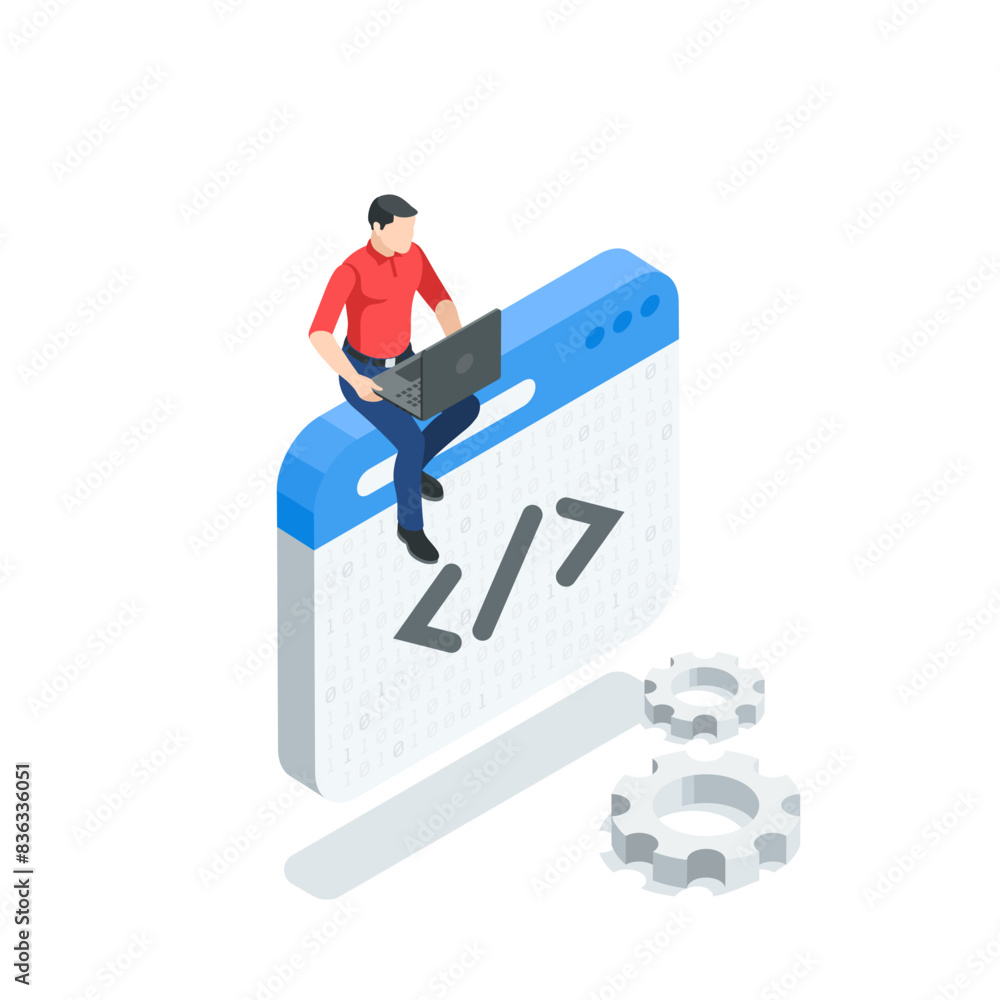 isometric window with program code icon and man with a laptop, in color color on a white ...