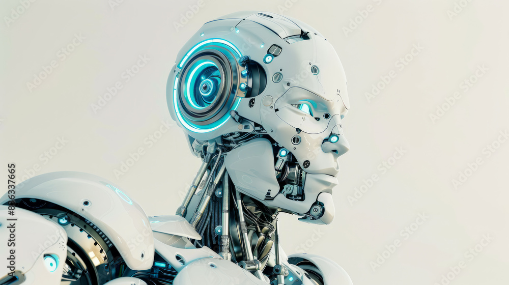 Part of one separated robot head 3D rendering with digital graphic ...